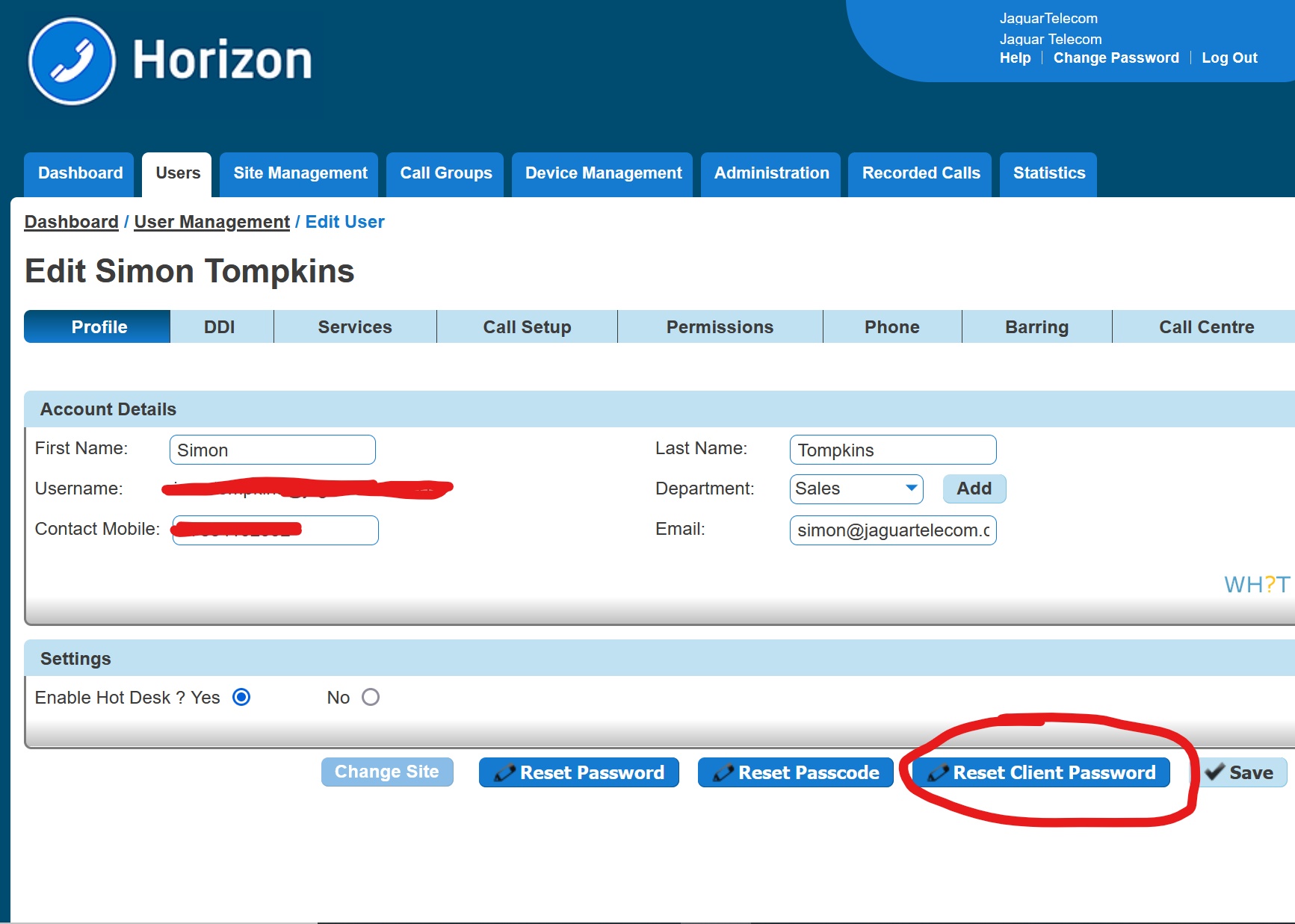 How to Reset a Soft Client Password in Horizon – Jaguar Telecom Limited
